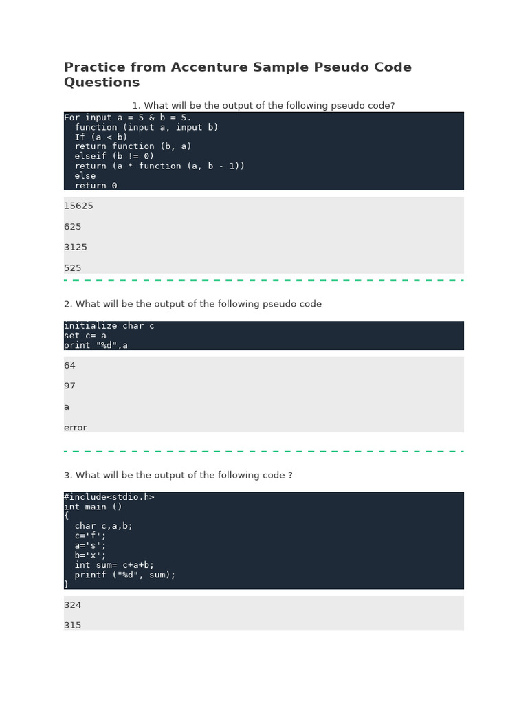 Accenture Sample Pseudo Code Questions | PDF | Integer (Computer Science) | Computer Engineering