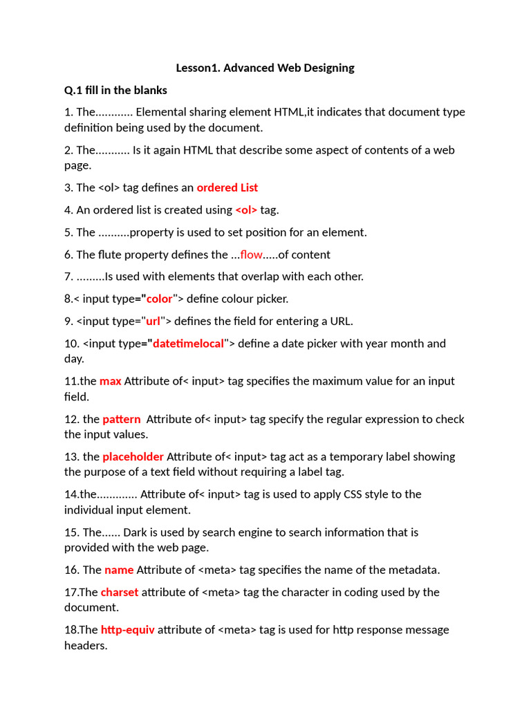 Question bank day1 | PDF | Html Element | World Wide Web Question bank day1 | PDF | Html Element | World Wide Web
