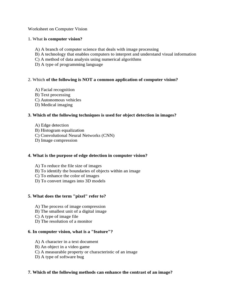 Computer Vision Worksheet | PDF