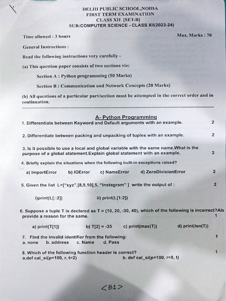 12 CS Pre Term Exam 2023-24 | PDF | Computer Network | Computer Science