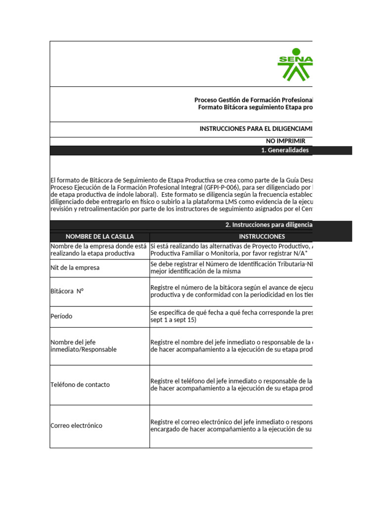 Instrucciones Bitácora Etapa Productiva | PDF