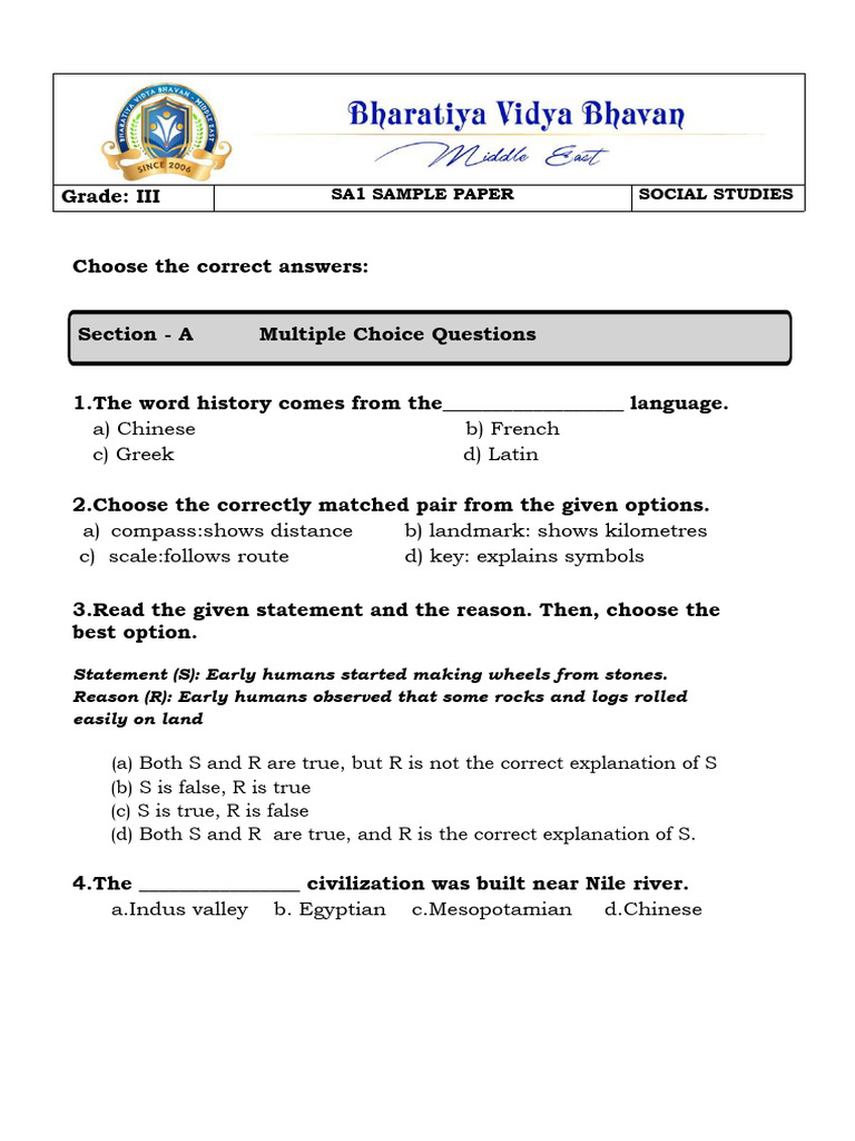 Grade 3 SST Sa1 - Sample Paper | PDF