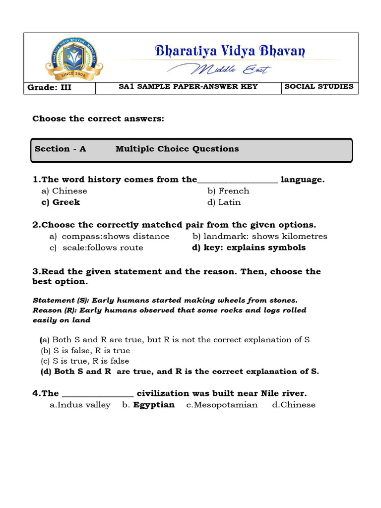 Grade 3 SST Sa1 - Sample Paper - Answer Key | PDF
