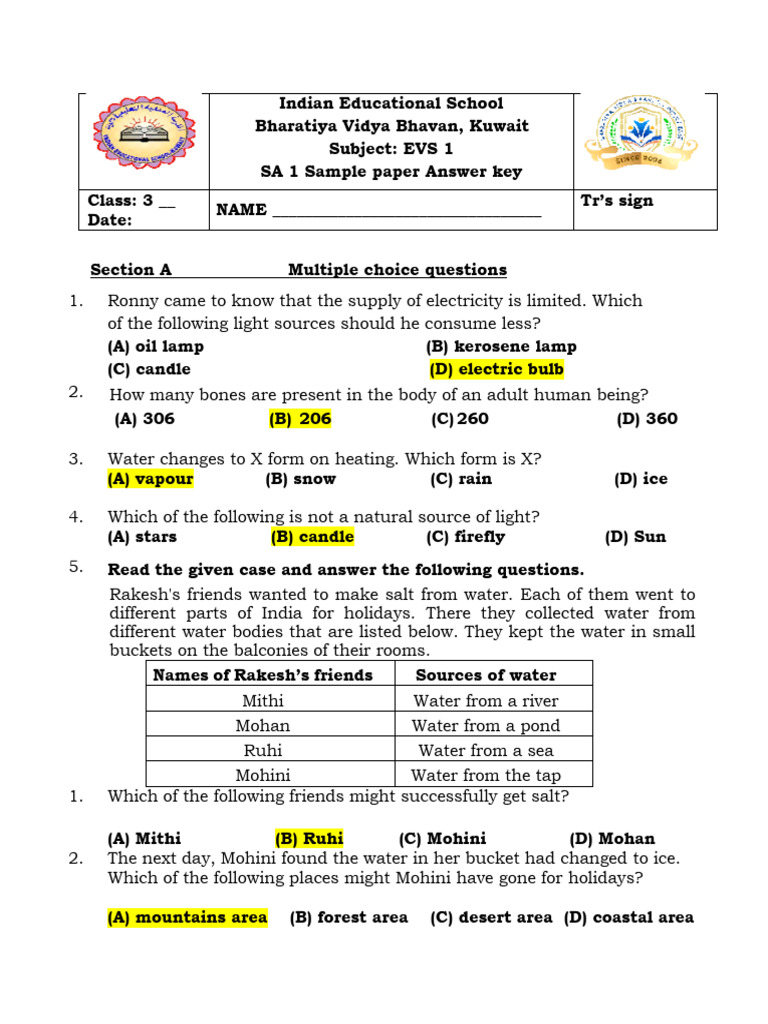 Grade 3 Sa 1 Sample Paper Answer Key | PDF | Heart | Water