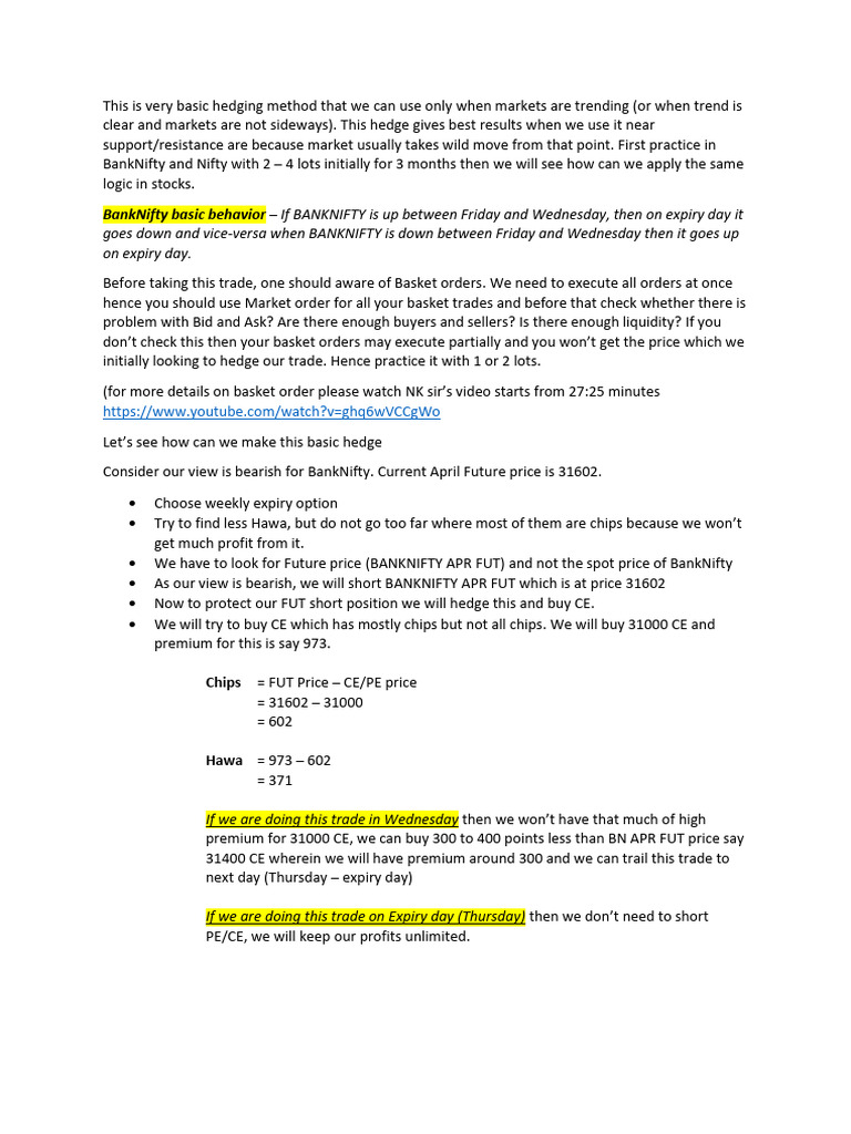 Basic Hedging Strategies for BankNifty | PDF | Hedge (Finance) | Short ...