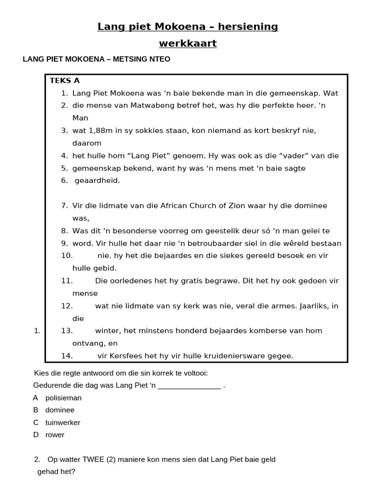 LAng Piet Werkkaart Hersiening | PDF