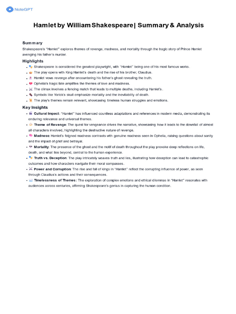 Summary - Hamlet by William Shakespeare - Summary & Analysis | PDF