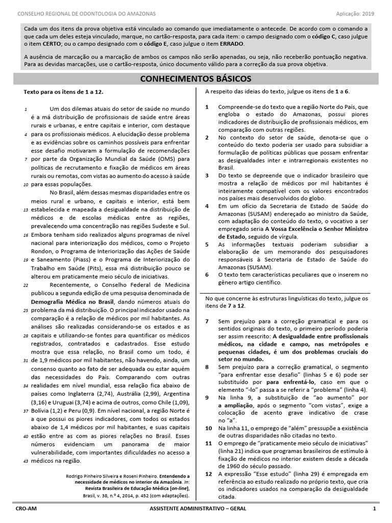 QUADRIX Cad Prova 200 Assist Adm Geral CRO-AM Conc Publico 2019 | PDF | Qualidade (negócios ...
