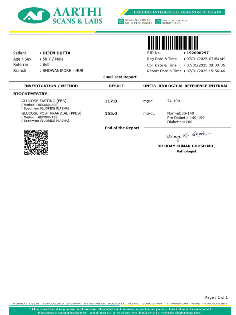 Dijen Dutta: Patient Age / Sex 58 Y / Male Referrer Self Branch Bhowanipore - Hub | PDF