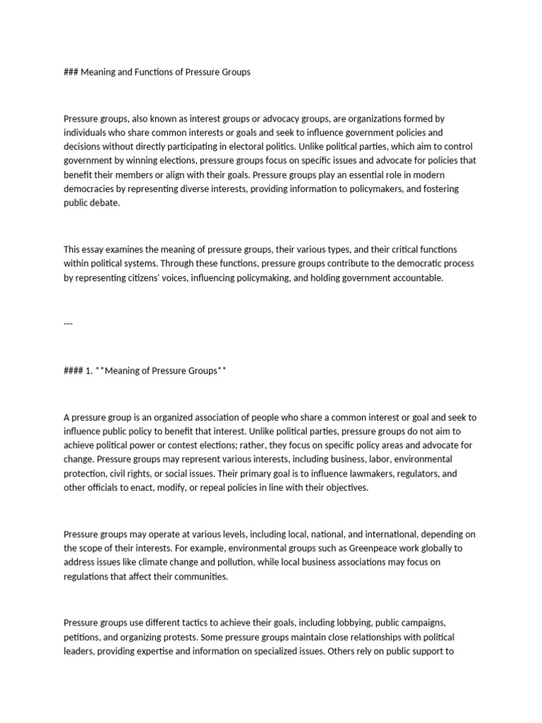 Functions of Pressure Groups Explained | PDF | Advocacy Group | Policy