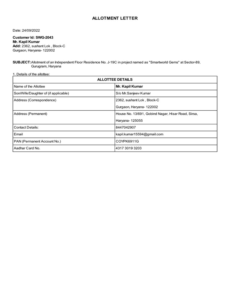 Allotment Letter for Smartworld Gems | PDF | Tax Refund | Interest
