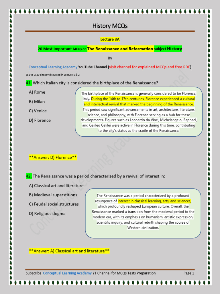 Lec 3a History MCQs on the Renaissance and Reformation | PDF ...