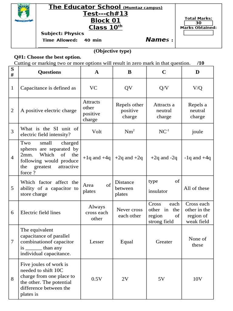10th Class Physics Test ch#13 | PDF | Capacitance | Capacitor