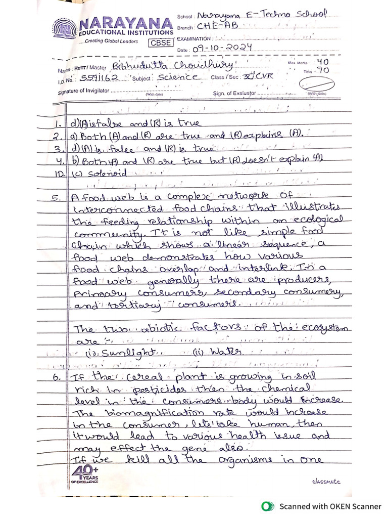 Bibhudutta Choudhury's Science Internal Marks Assessment Test Answer ...
