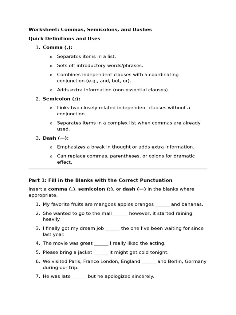 Worksheet Comma, Semi-Colon, Dash | PDF | Comma | Syntax