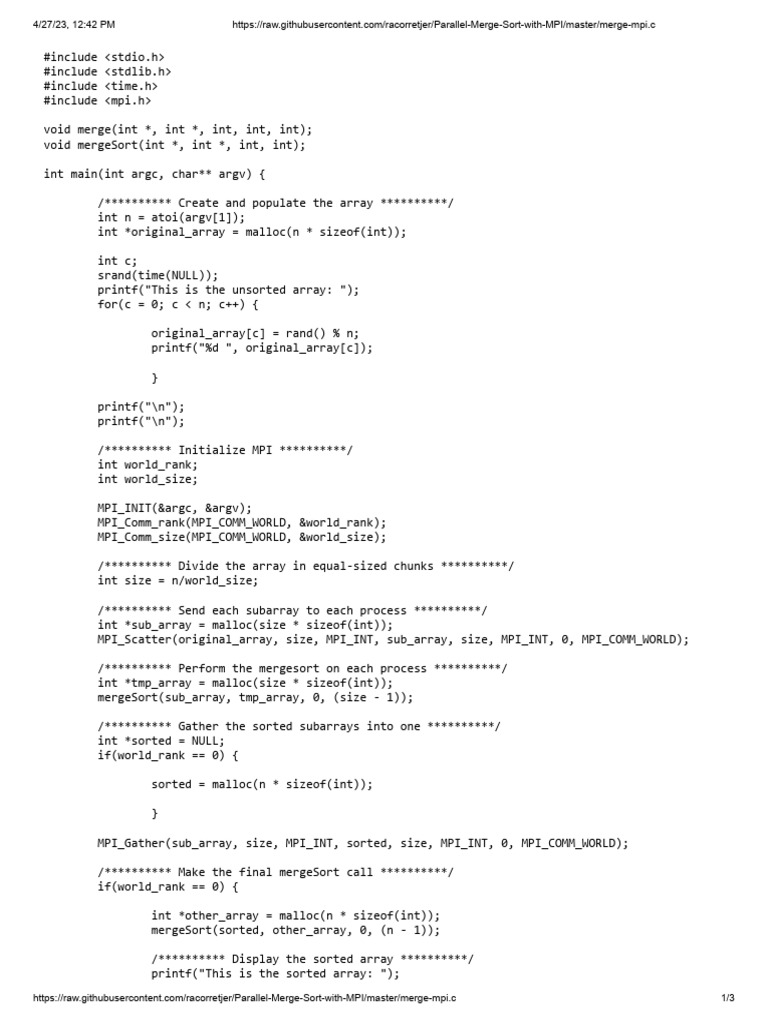 MPI Parallel Merge Sort in C | PDF | Object Oriented Programming | C++