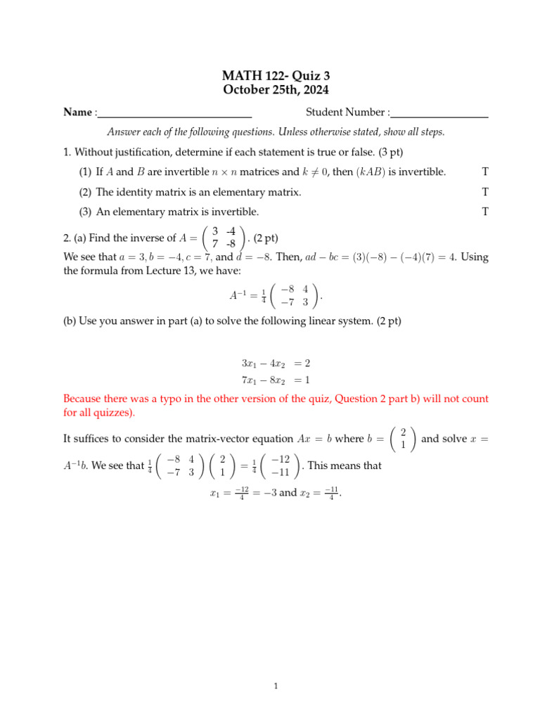 Quiz 3 V2 + Solutions | PDF | Matrix (Mathematics) | Mathematics