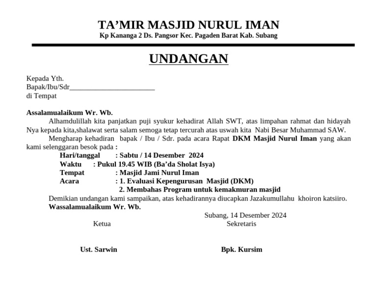Undangan Rapat DKM Masjid Nurul Iman | PDF