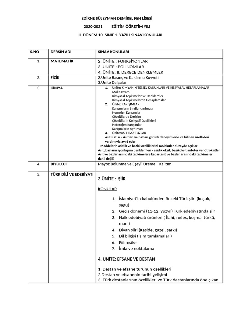 11192620_2.DONEM-10._SINIF_SINAV_KONULARI | PDF