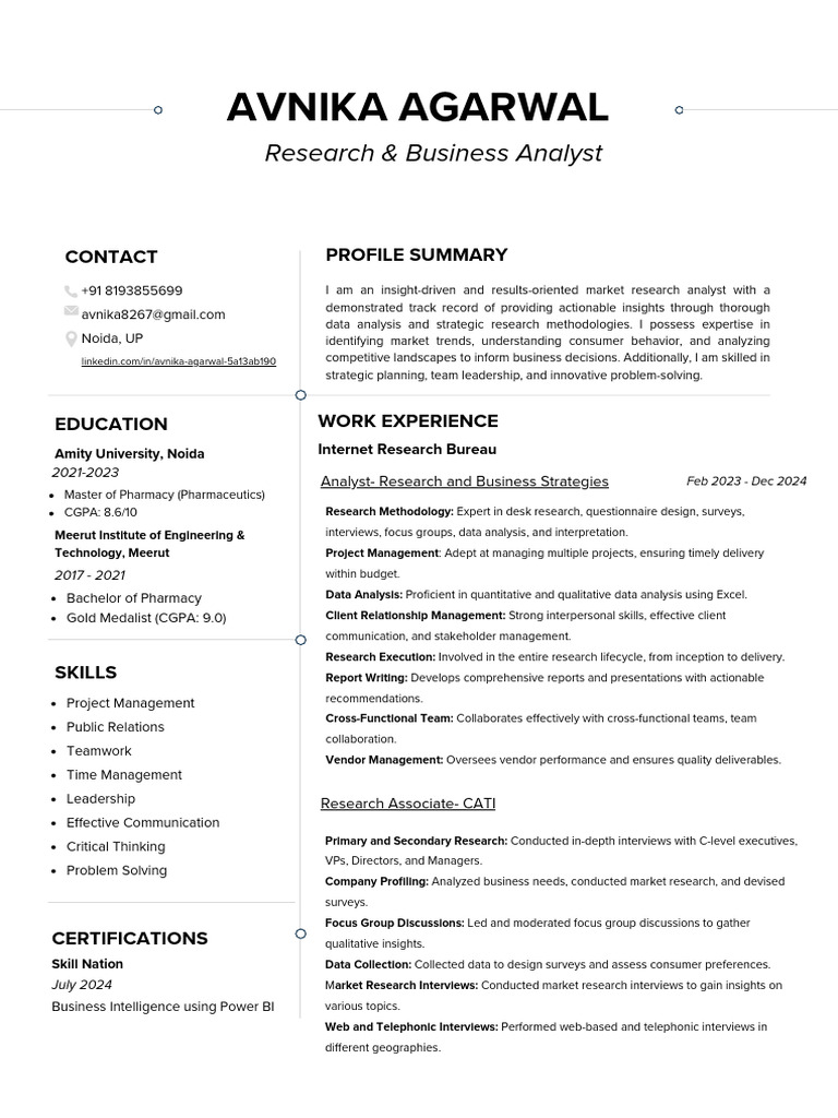 Avnika Agarwal - Research Analyst | PDF | Marketing Research | Focus Group