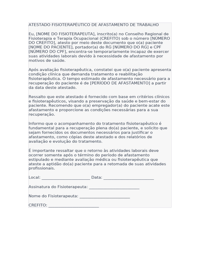 Atestado Fisioterapeutico de Afastamento de Trabalho Modelo 2 1 | PDF
