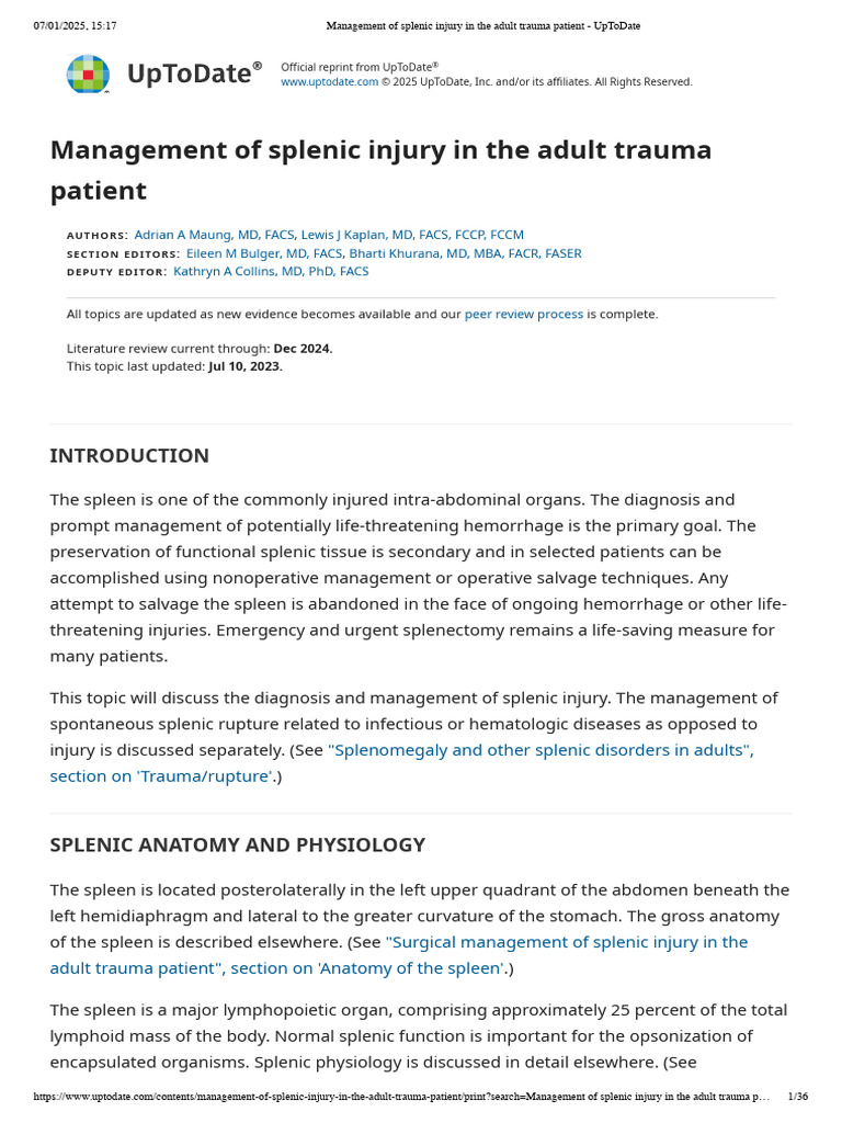 Management of Splenic Injury in The Adult Trauma Patient - UpToDate ...