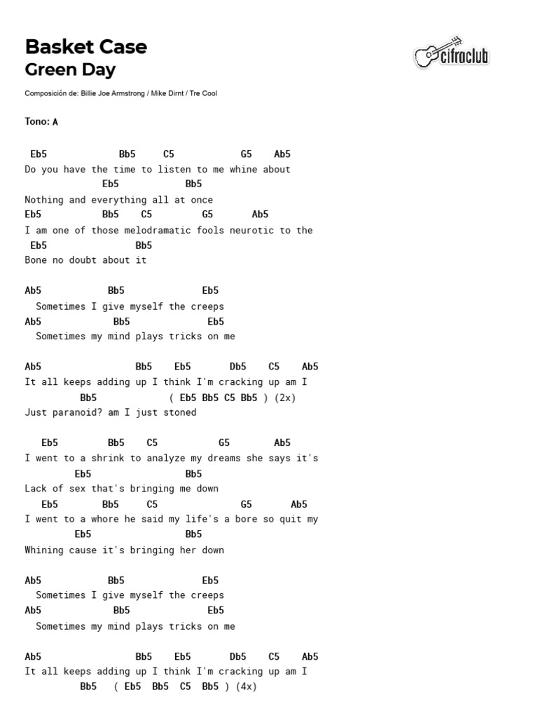 Green Day "Basket Case" Guitar Chords | PDF | Punk Rock | American Rock ...