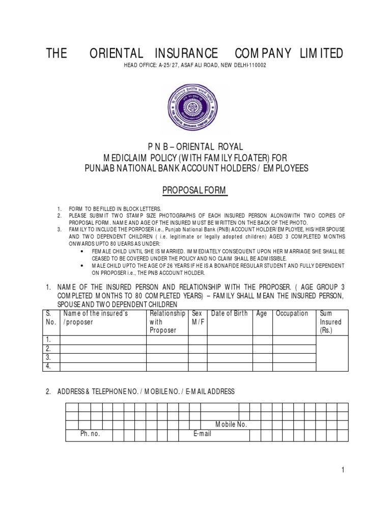 PNB Oriental Royal Mediclaim Proposal | PDF | Insurance | Government