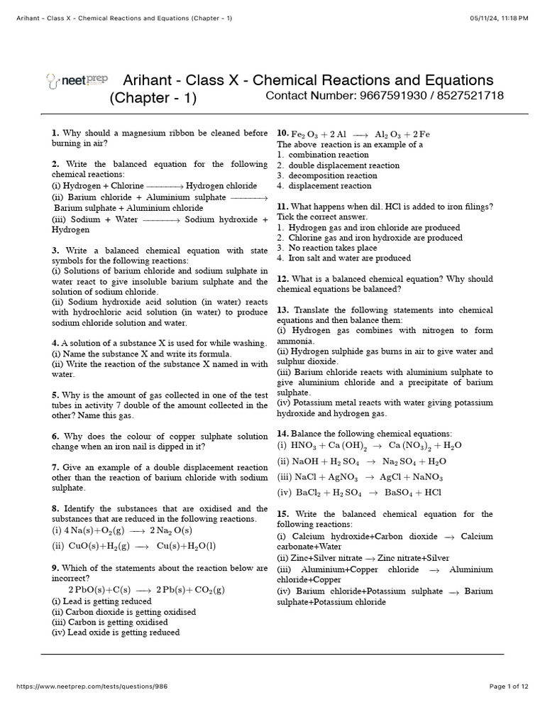 Class 10 Chemistry: Chemical Reactions | PDF | Chemical Reactions | Redox