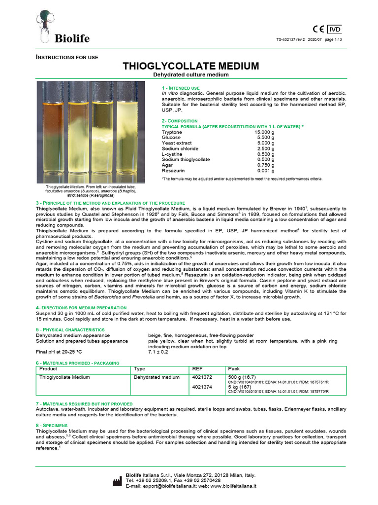 Thioglycollate Medium (FTM) - Biolife | PDF | Bacteria | Infection