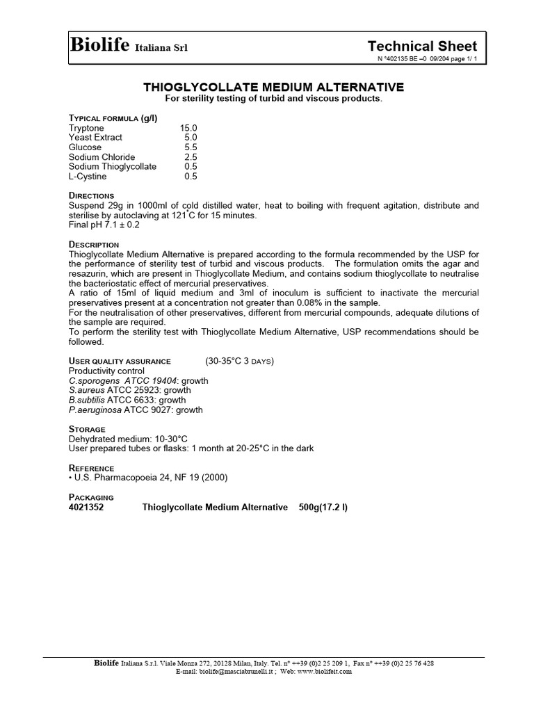 Thioglycollate Medium Alternative - Usp-Biolife | PDF