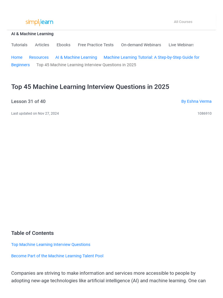 Top 45 Machine Learning Interview Questions in 2025 | PDF | Cross ...