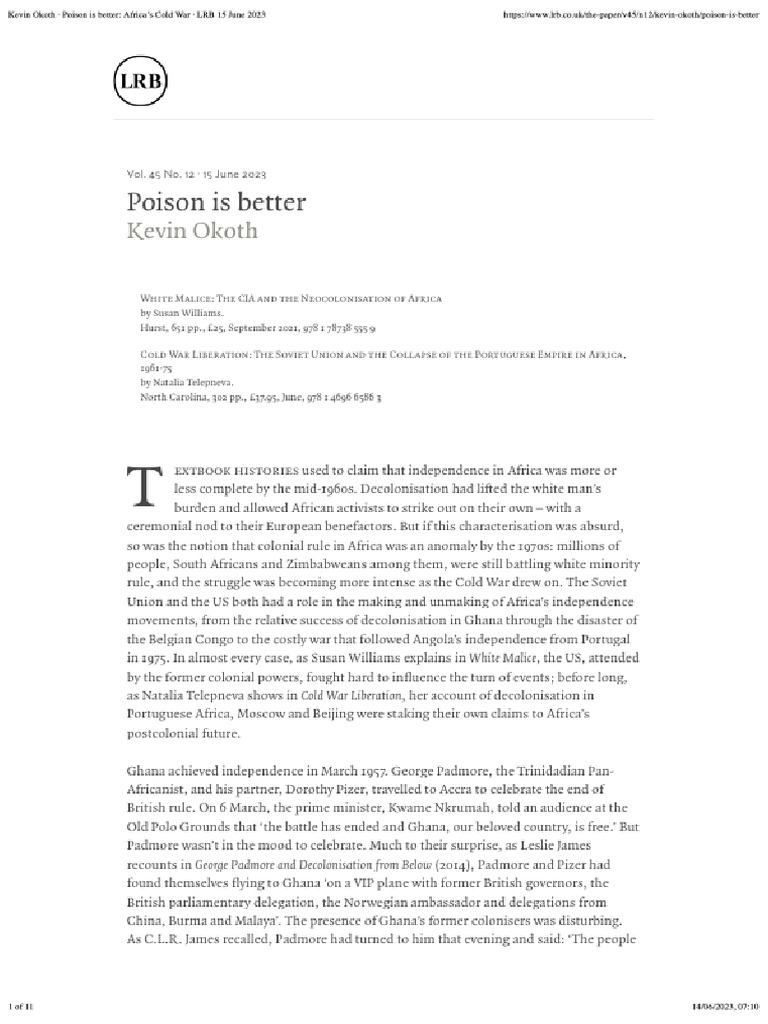 Kevin Okoth Poison Is Better: Africa's Cold War LRB 15 June 2023 | PDF ...