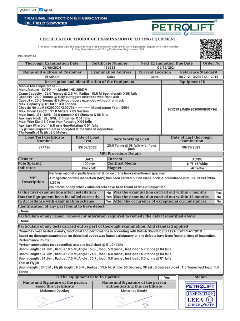 Mobile Crane Thorough Examination Certificate | PDF | Crane (Machine ...