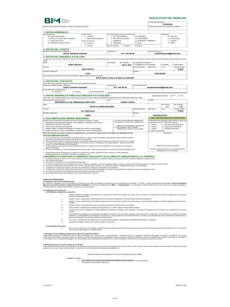 FB-TEC-E-002 Solicitud de Avalúo Infonavit v.2 020719 y FB-TEC-E-006 Solicitud de Avalúo BIM v.6 ...