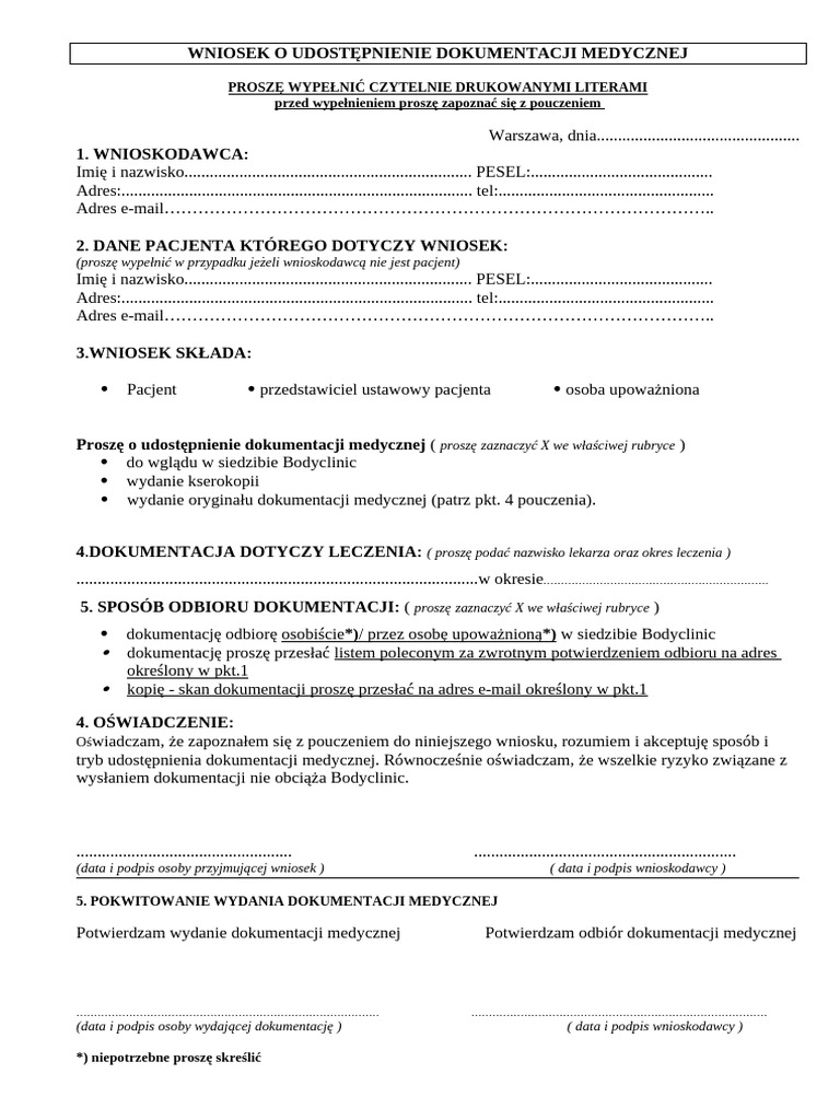 Wniosek o Udostępnienie Dokumentacji Medycznej | PDF