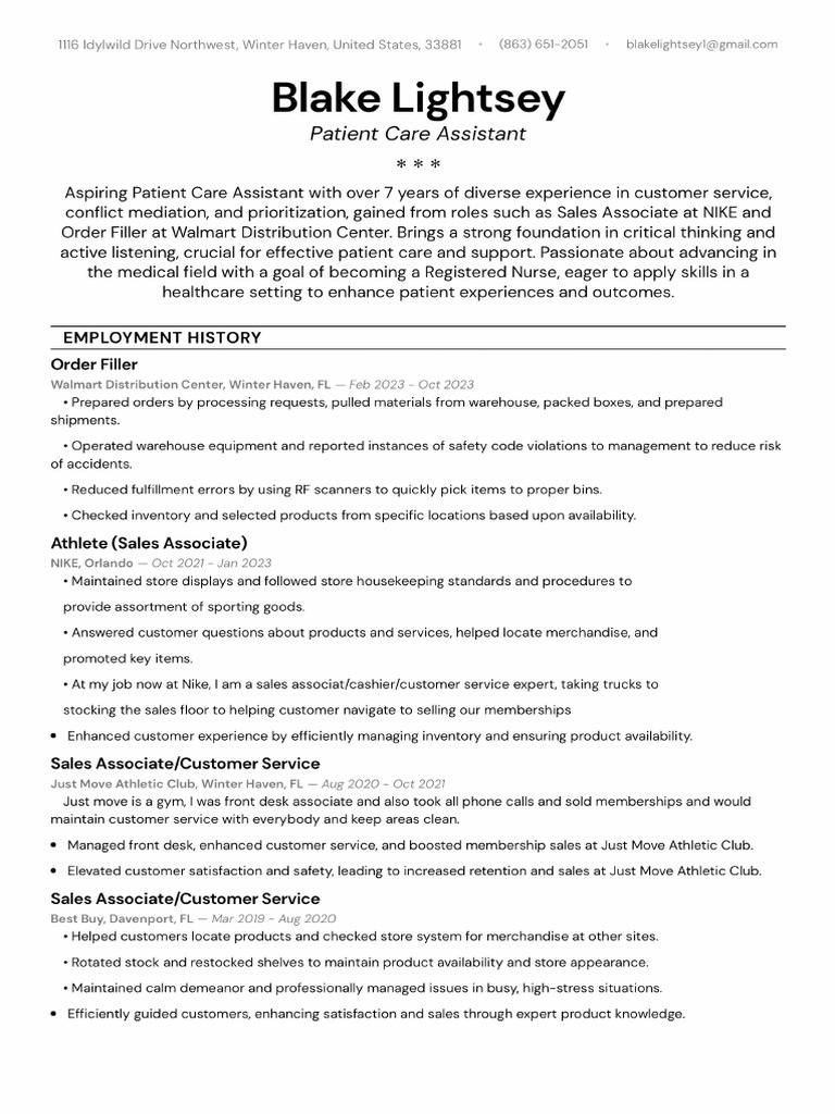 Blake Lightsey PCA RESUME | PDF | Inventory | Health Care