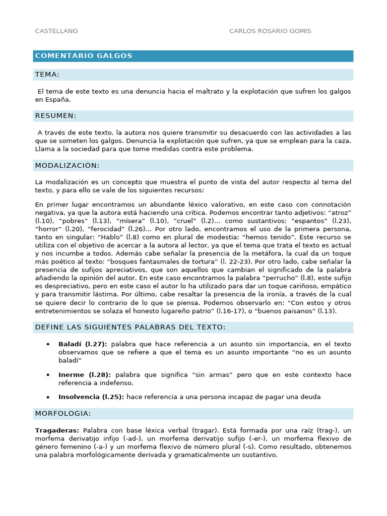 Comentario Galgos | PDF | Plural | Verbo