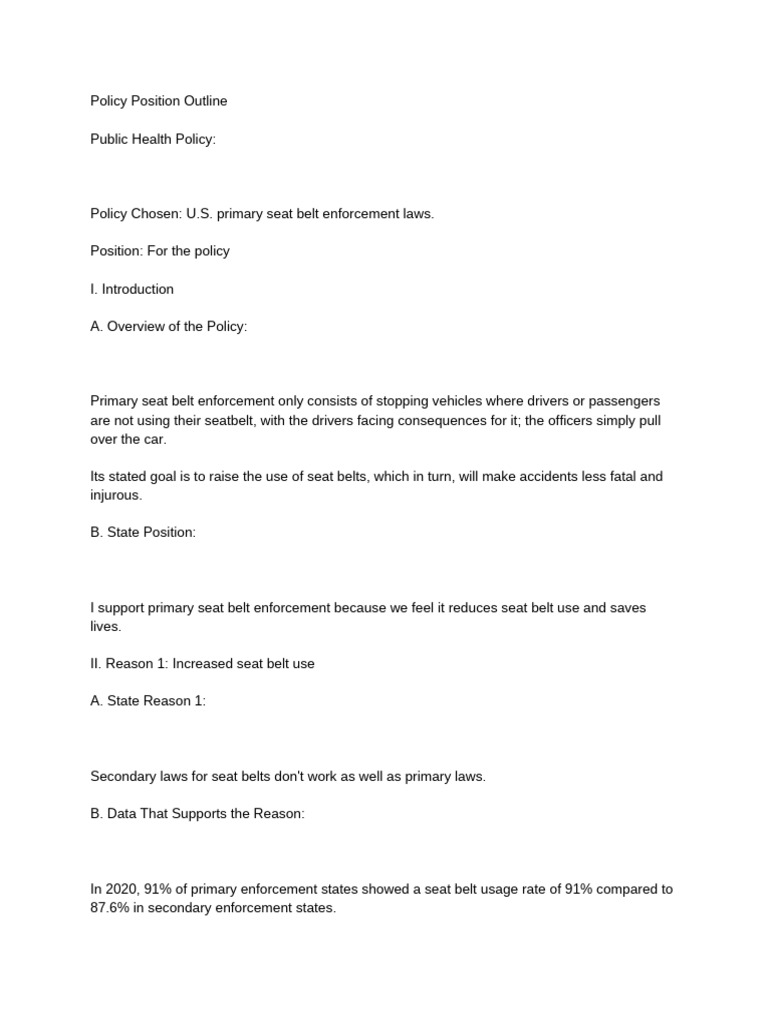 Policy Position Outline | PDF | Seat Belt | Road Safety