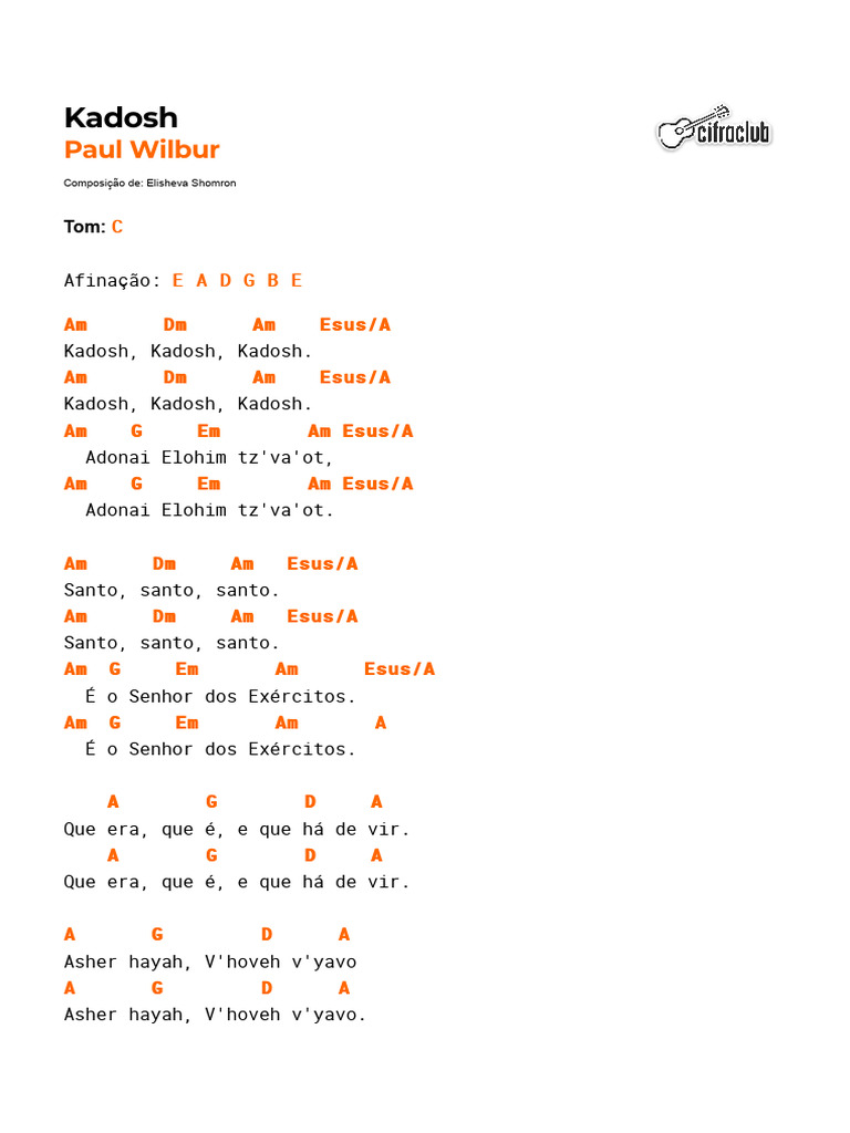 Letra e Acordes de "Kadosh" por Paul Wilbur | PDF