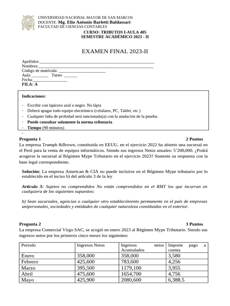 Examen Final de Tributos I | PDF | Impuesto sobre la renta | Impuestos