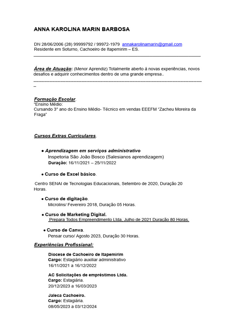 Menor Aprendiz: Anna Karolina Marin | PDF