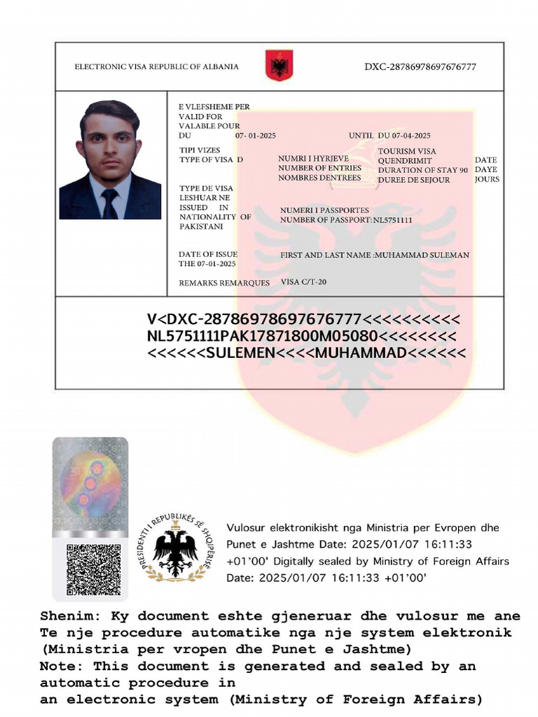 E-Visa of Albanie Muhammad Suleman | PDF