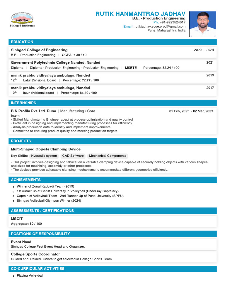 Rutik Hanmantrao Jadhav Resume | PDF | Engineering