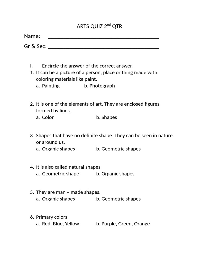 ARTS QUIZ 2nd QTR | PDF