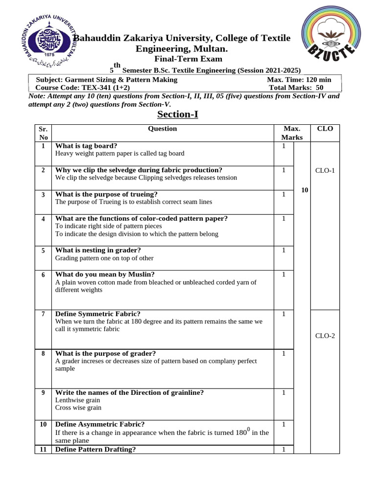 Final Term Exam Key 5th Semester | PDF | Textiles | Textile Arts