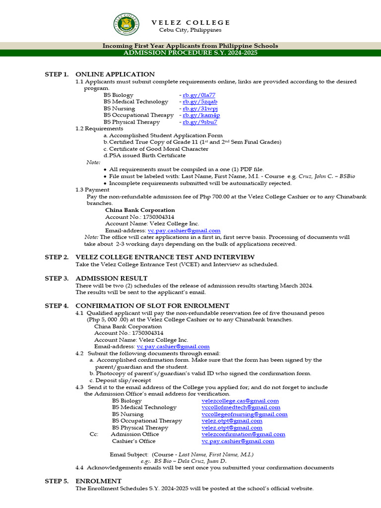 Velez College Freshman Admissions | PDF
