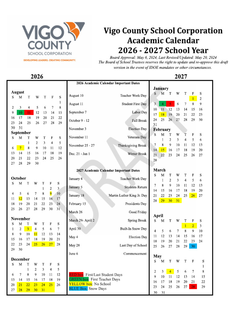 2026-2027 Academic Calendar (DRAFT) | PDF