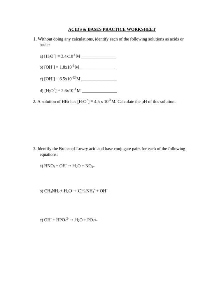 Acids - Bases Practice Worksheet | PDF
