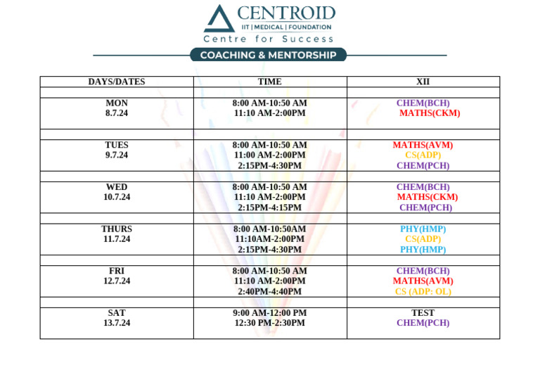 Sankalp IIT Batch Time Table 8.7.24-14.7.24 | PDF